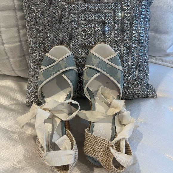 Coach | Shoes | Coach Mila Silverish Light Blue Logo Wedge Espadrille ...